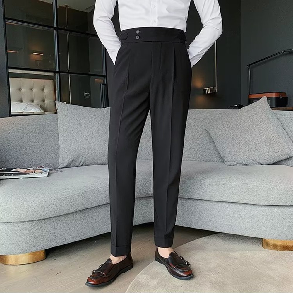 Mens Suit Pants British Style Business Casual Solid Slim Straight Dress ...