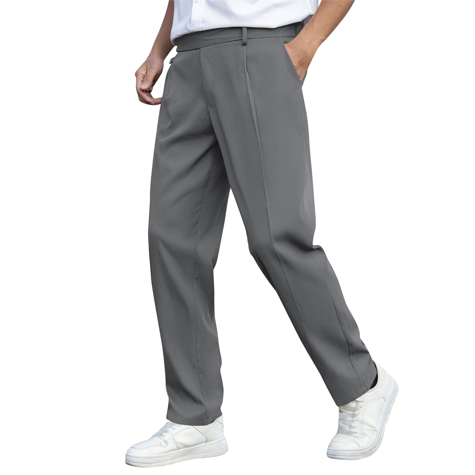 Mens Suit Pants Straight Leg Button Zipper Pleated Solid Color Pant ...