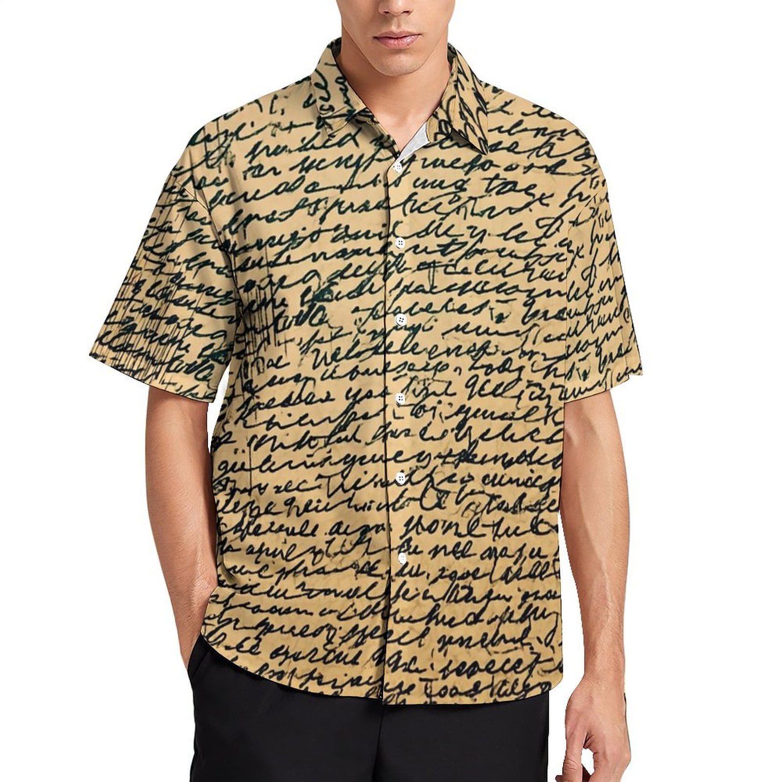 Mens Summer Antique Handwritten Letter Texture Shirts Button Down Short ...