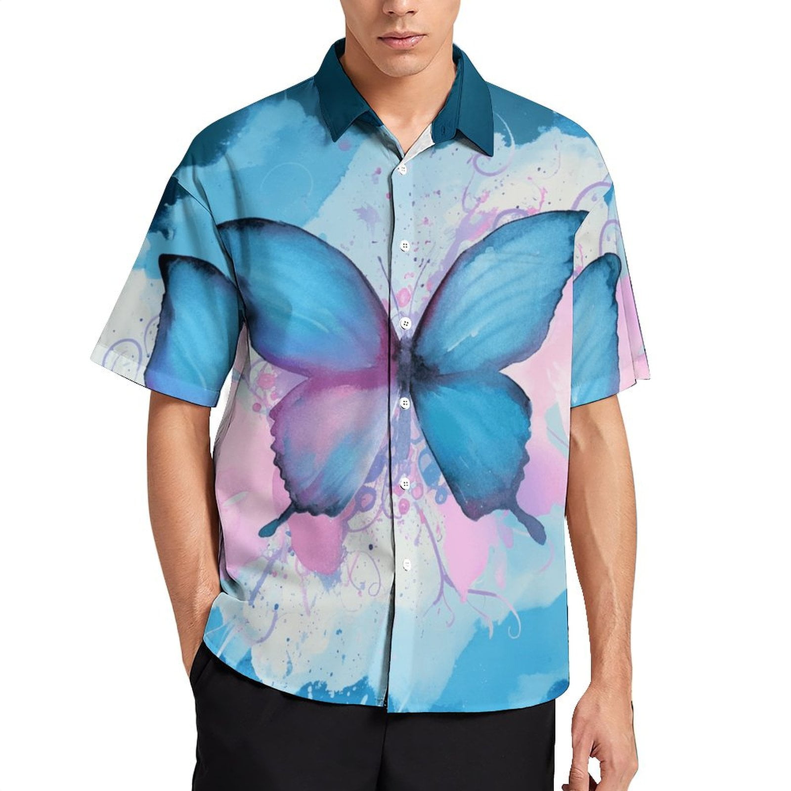 Mens Summer Fantasy Blue Flower Butterfly Shirts Button Down Short ...
