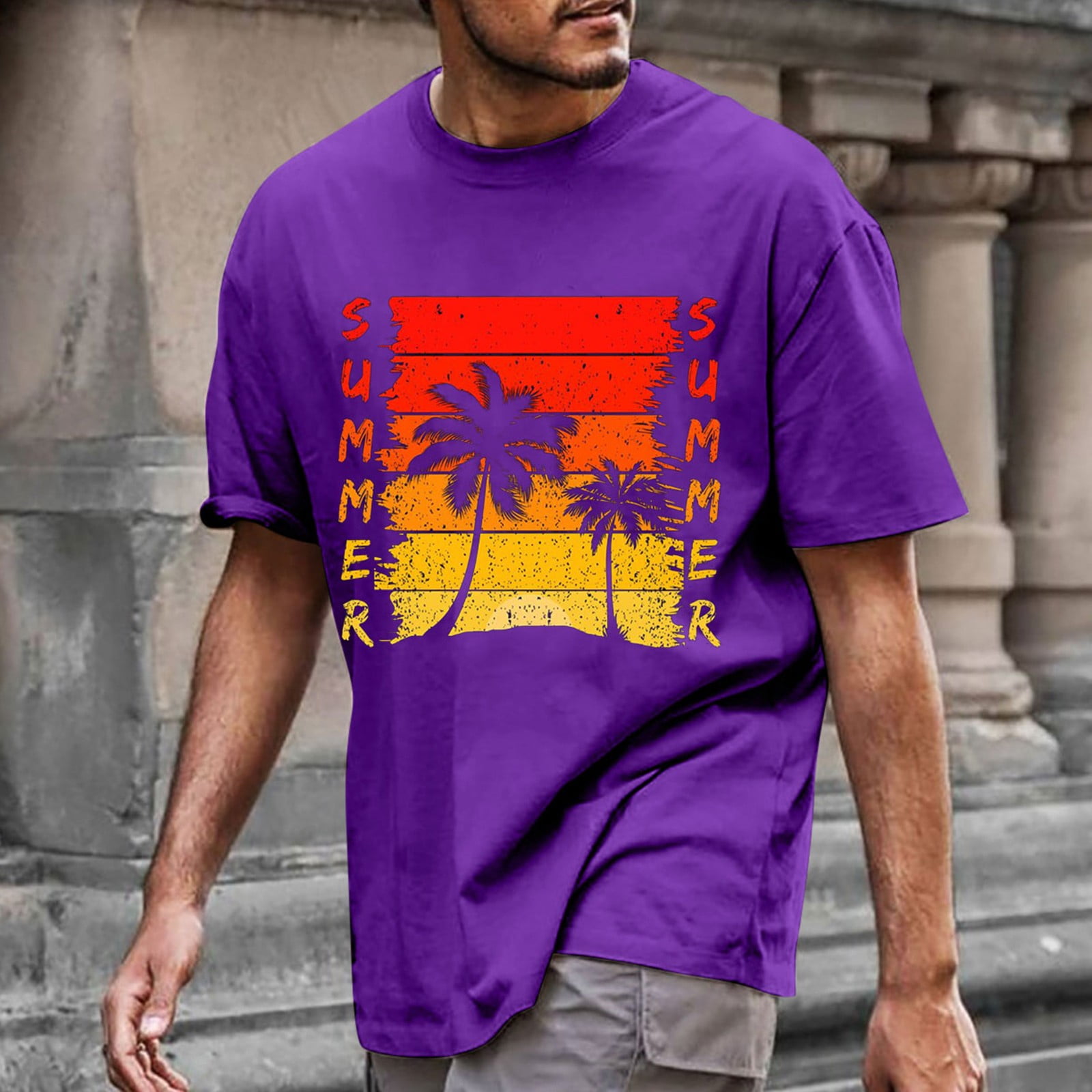 Mens Summer Hawaiian Beach Personality Letter Print Round Neck Short