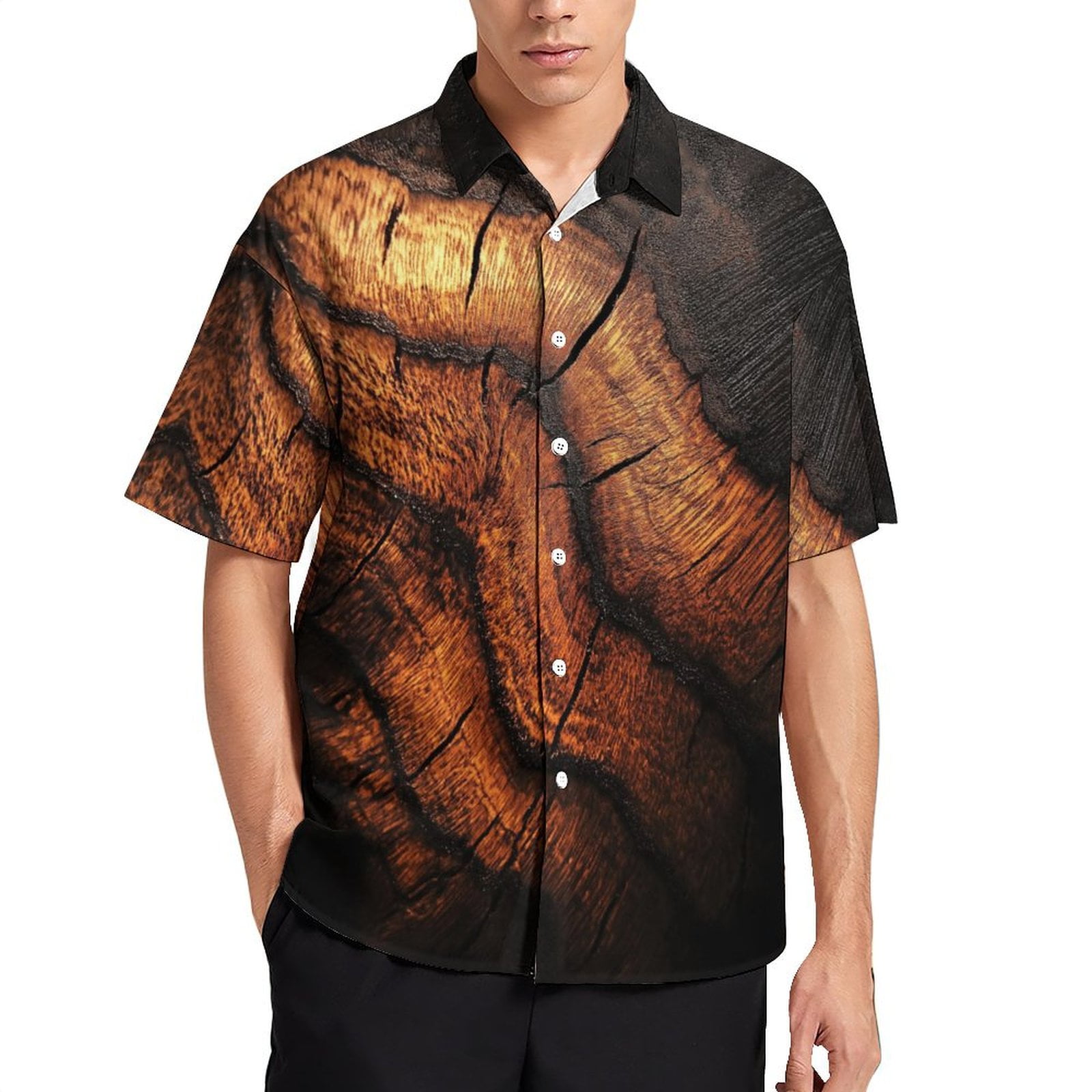 Mens Summer Wood Grain Texture Shirts Button Down Short Sleeve Vintage ...