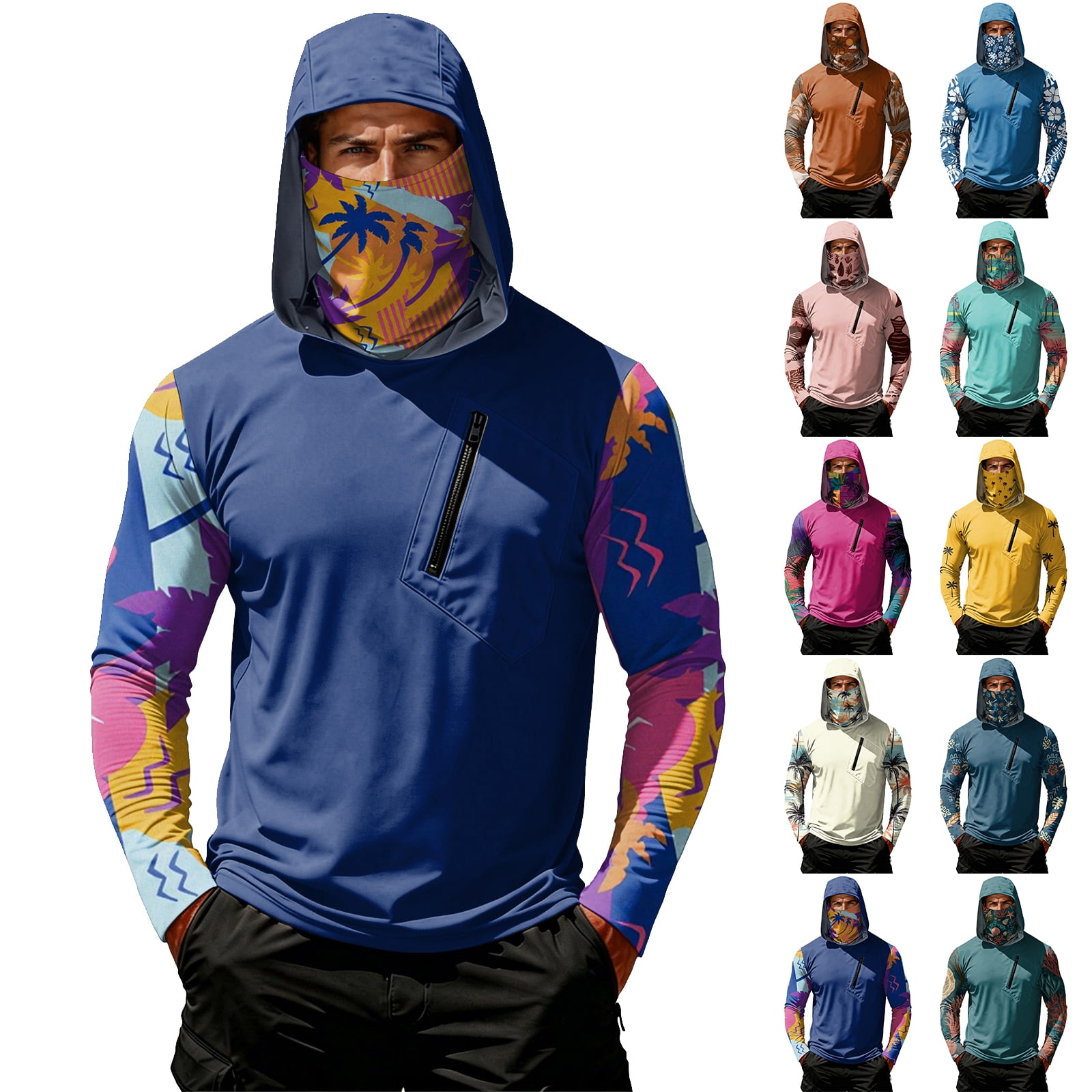 Mens Sun Hoodie Long Sleeve Fishing Shirts with Face Mask Uv Protection ...