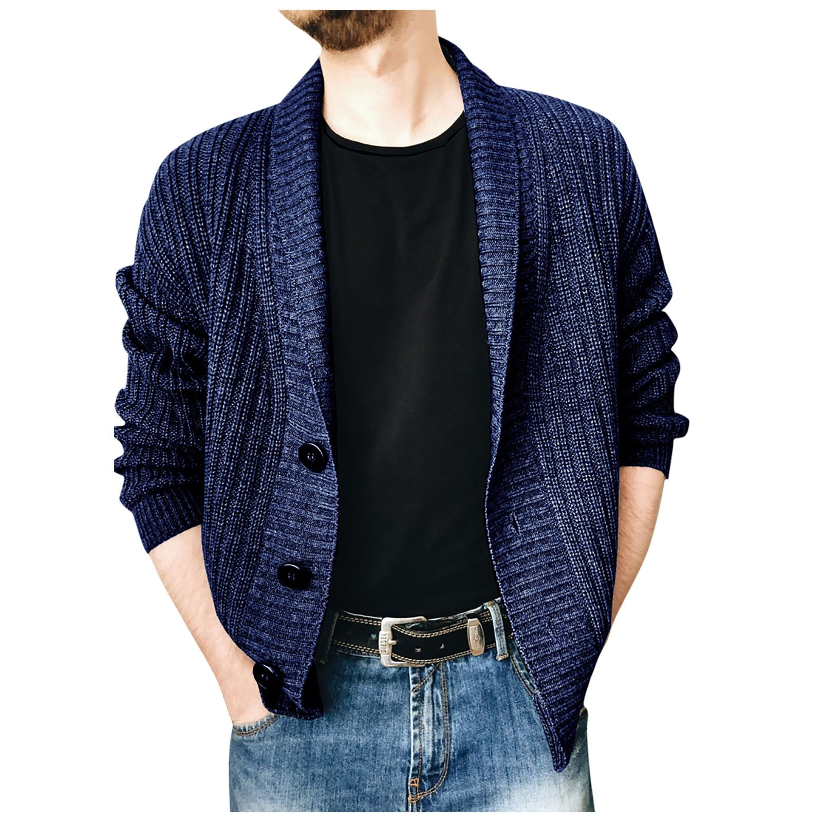 Mens Sweater - Autumn Winter Solid Color Lapel Single Knitted Cardigan ...