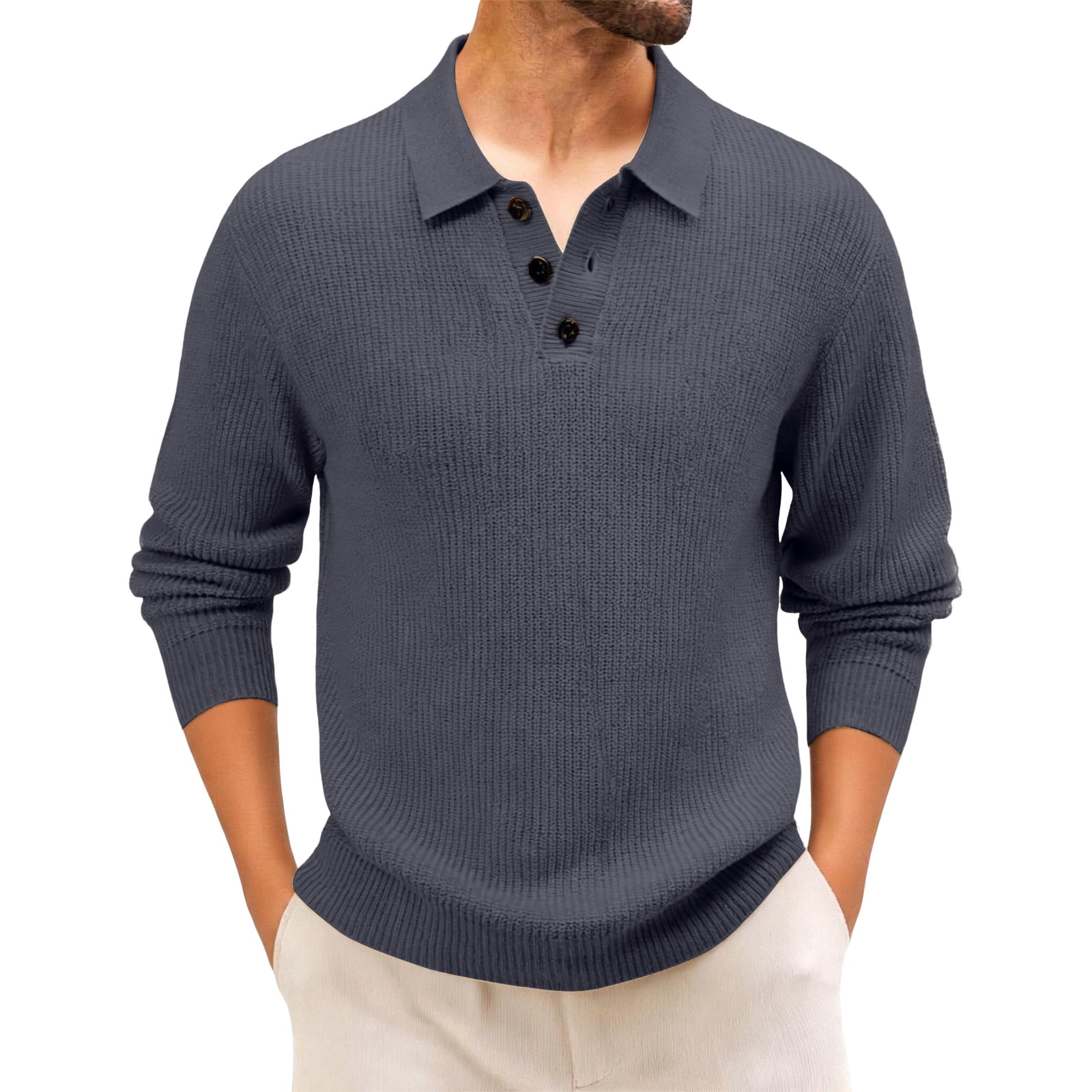 Mens Sweater Cable Knit Polo Collar Sweaters for Fall Winter Gray L ...
