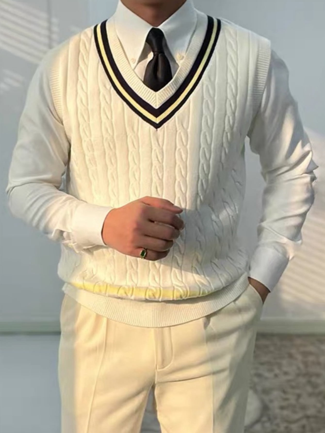 Mens Sweater V-Neck British Style Pullover Cable Knit Long Sleeve Top ...