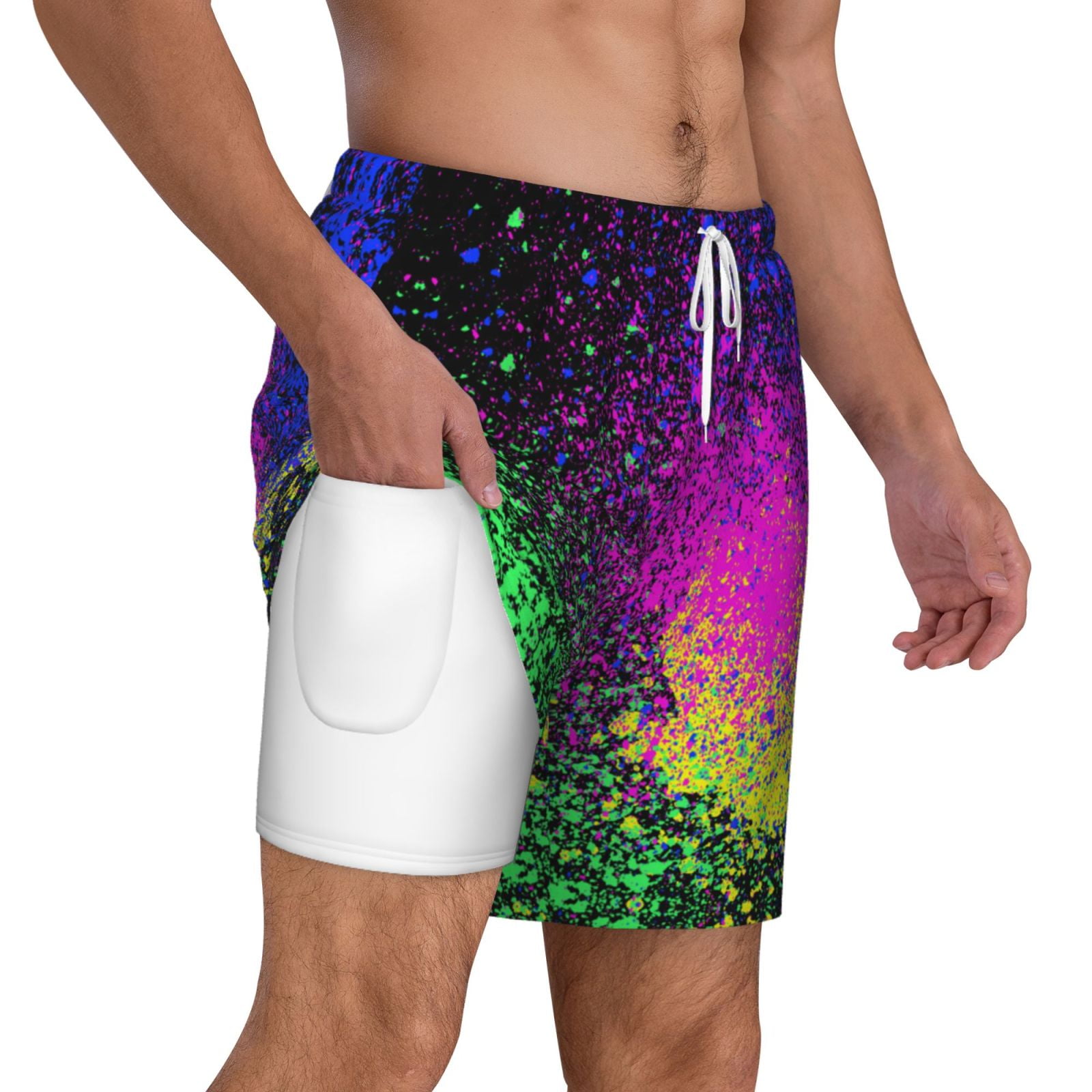 Mens Swim Trunks with Compression Liner Colorful Splatter Paint Quick ...