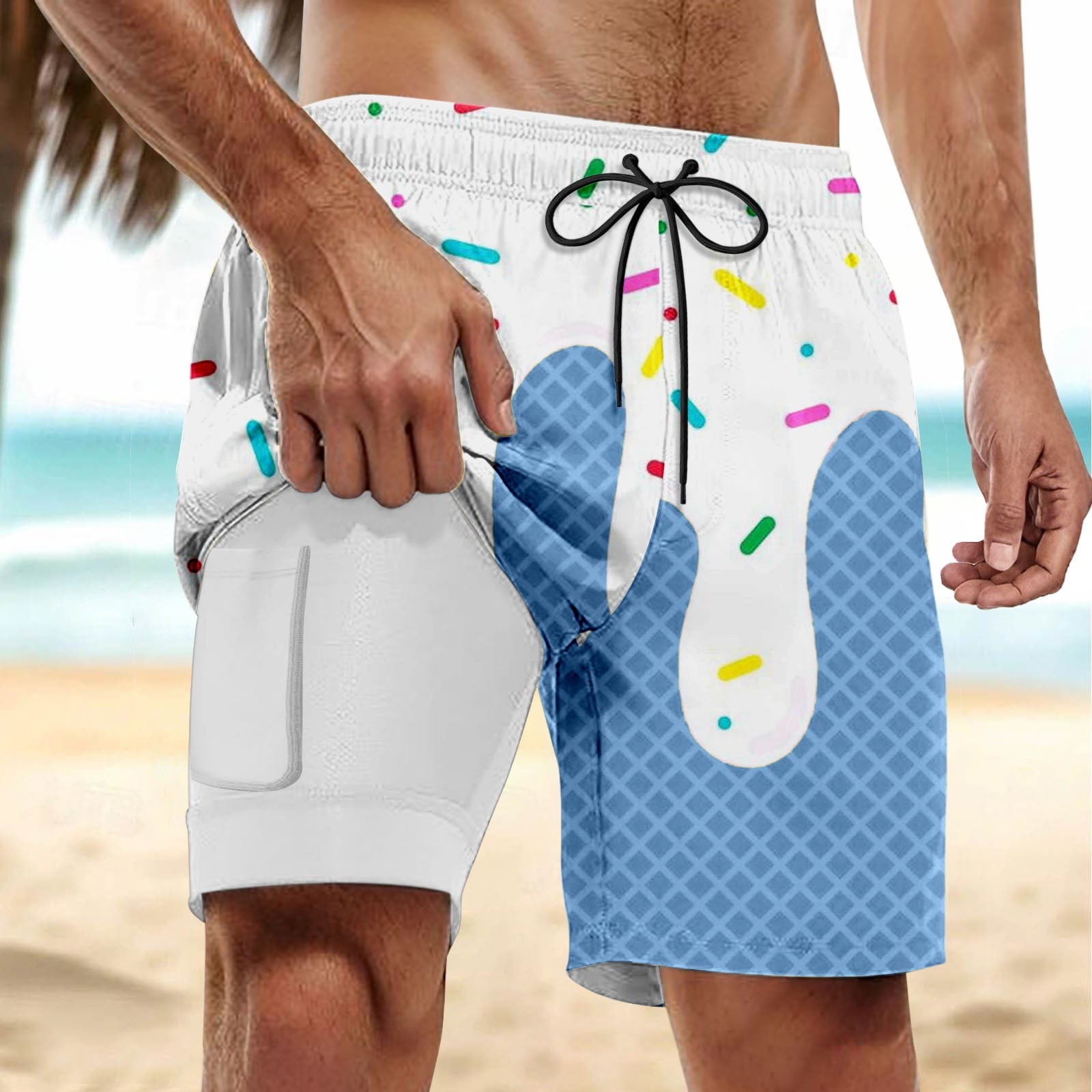 Mens Swim Trunks with Compression Liner Cool Prints Quick Drying Casual ...