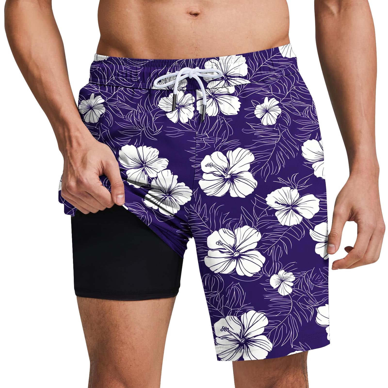 Mens Swim Trunks with Compression Liner Elastic Waist Surfing Beach ...