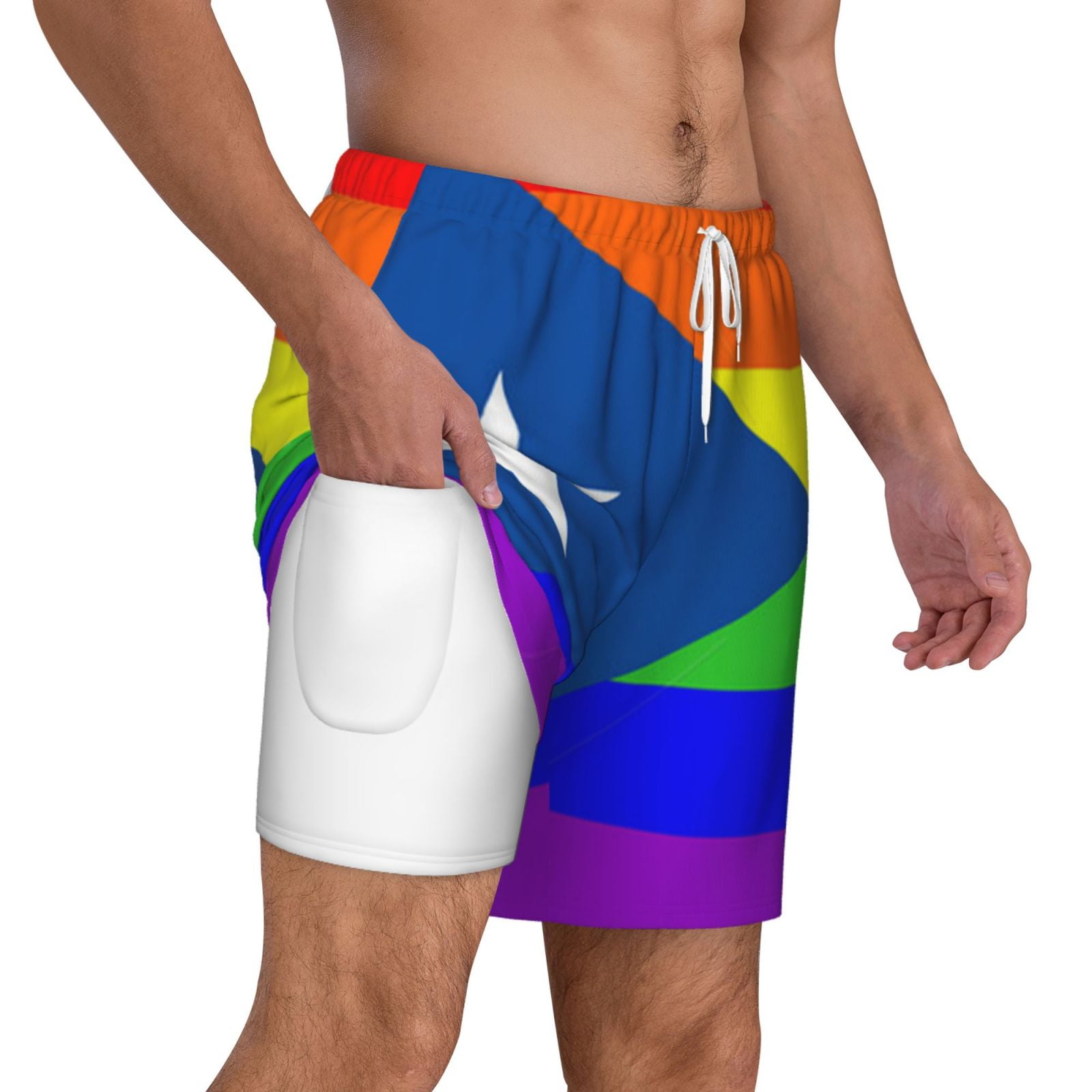Mens Swim Trunks with Compression Liner Puerto-Rico-Flag Rainbow Gay ...