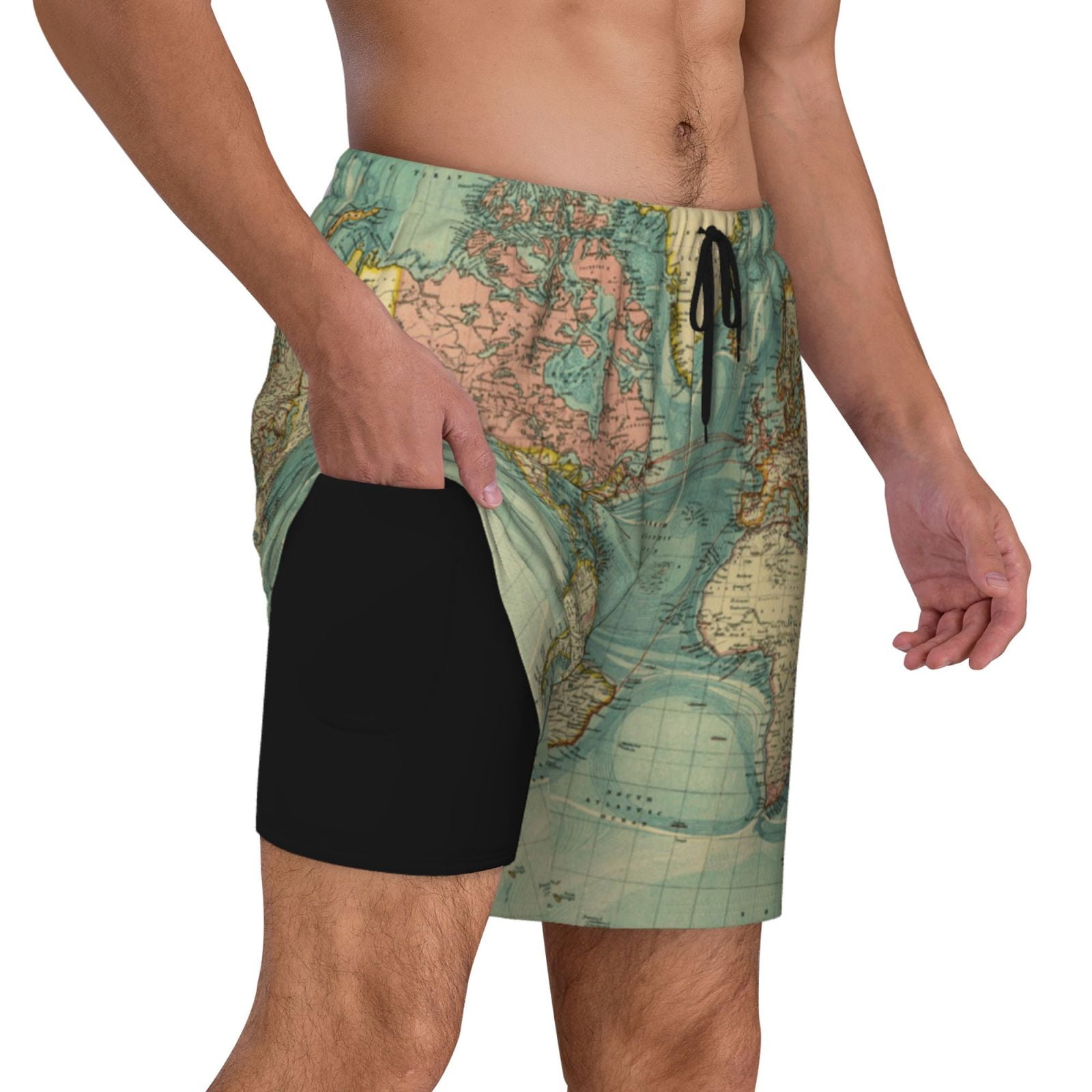 Mens Swim Trunks with Compression Liner Vintage Style World Map Quick ...