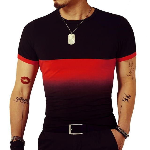 Mens T-Shirt Contrast Color Slim Fit Tee Gradient Stitching Short ...