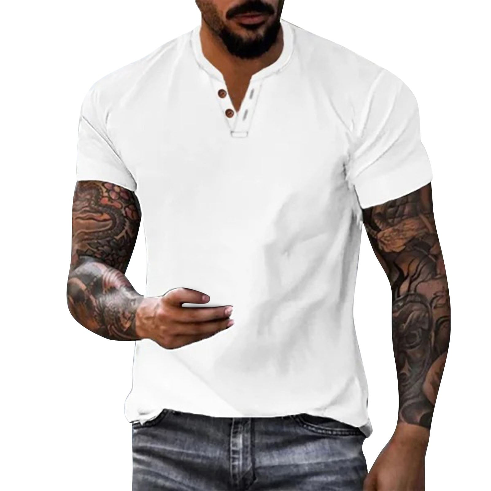 Mens T Shirts Casual Henley Shirt Solid Color Short Sleeve Button ...