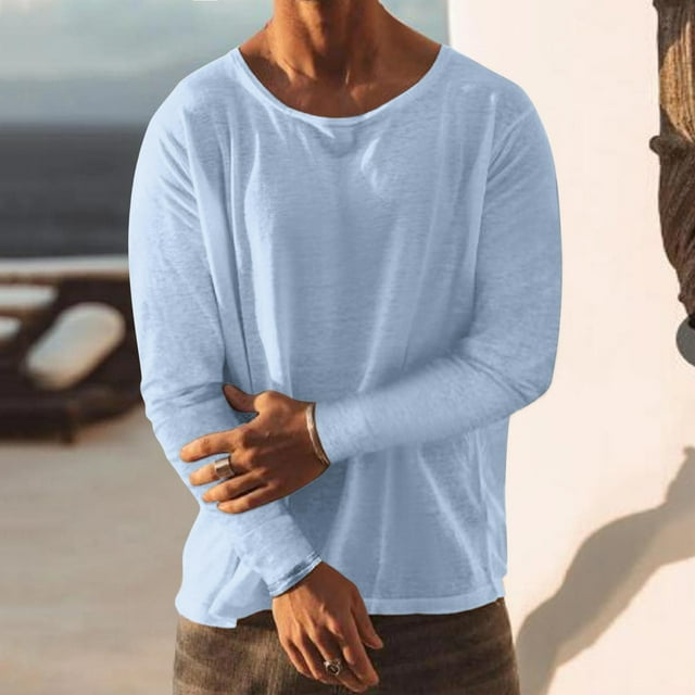 Mens T-Shirts Casual Solid Color Round Neck Long Sleeve Streetwear ...