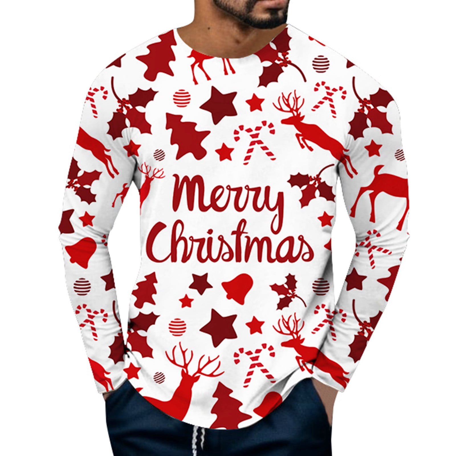 Mens T-Shirts Christmas Themed Long Sleeve Fashion Top Slim Fit Neck ...