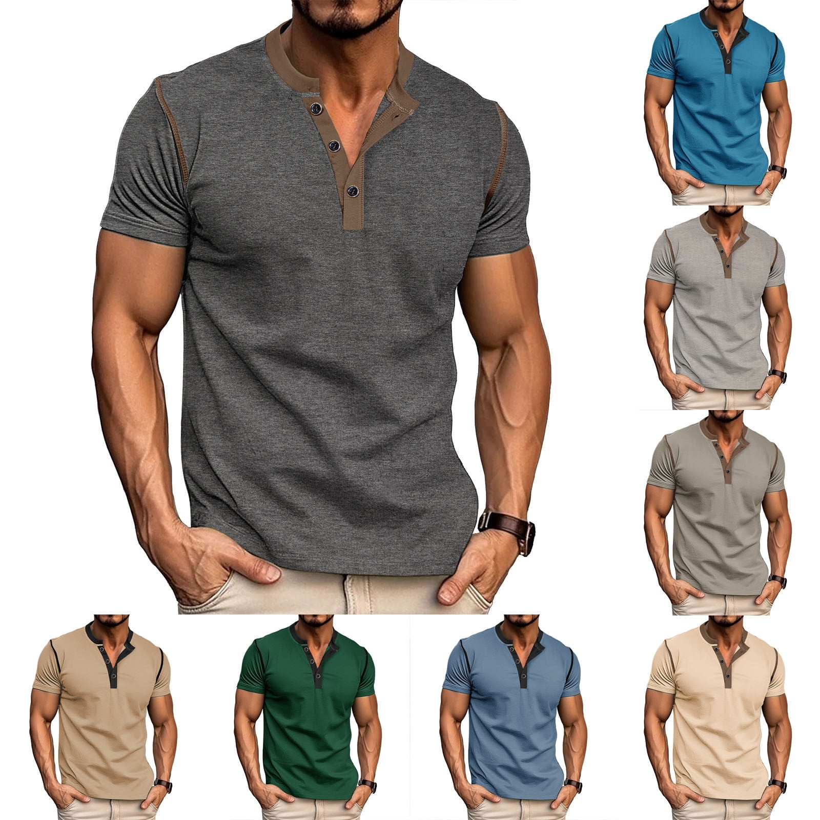 Mens T-Shirts Crew Neck Cotton Short Sleeve Tee Fashion Button Solid ...
