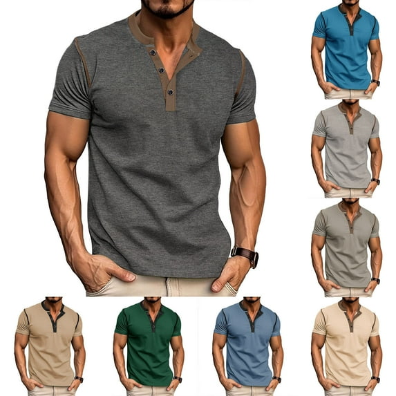 Mens T-Shirts Crew Neck Cotton Short Sleeve Tee Fashion Button Solid ...