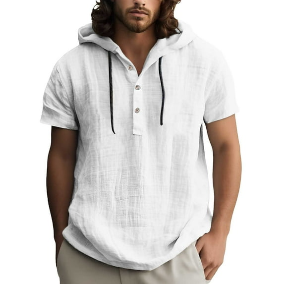 Mens T Shirts Fashion Solid Color Linen Hooded Short Sleeve Beach Mens ...