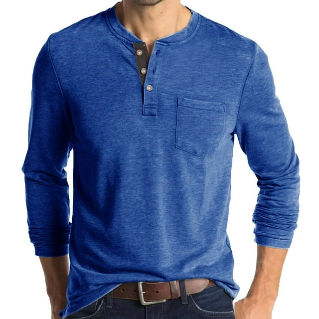 Mens T Shirts Henley Shirt Solid Color Long Sleeve Round Neck Pocket T ...