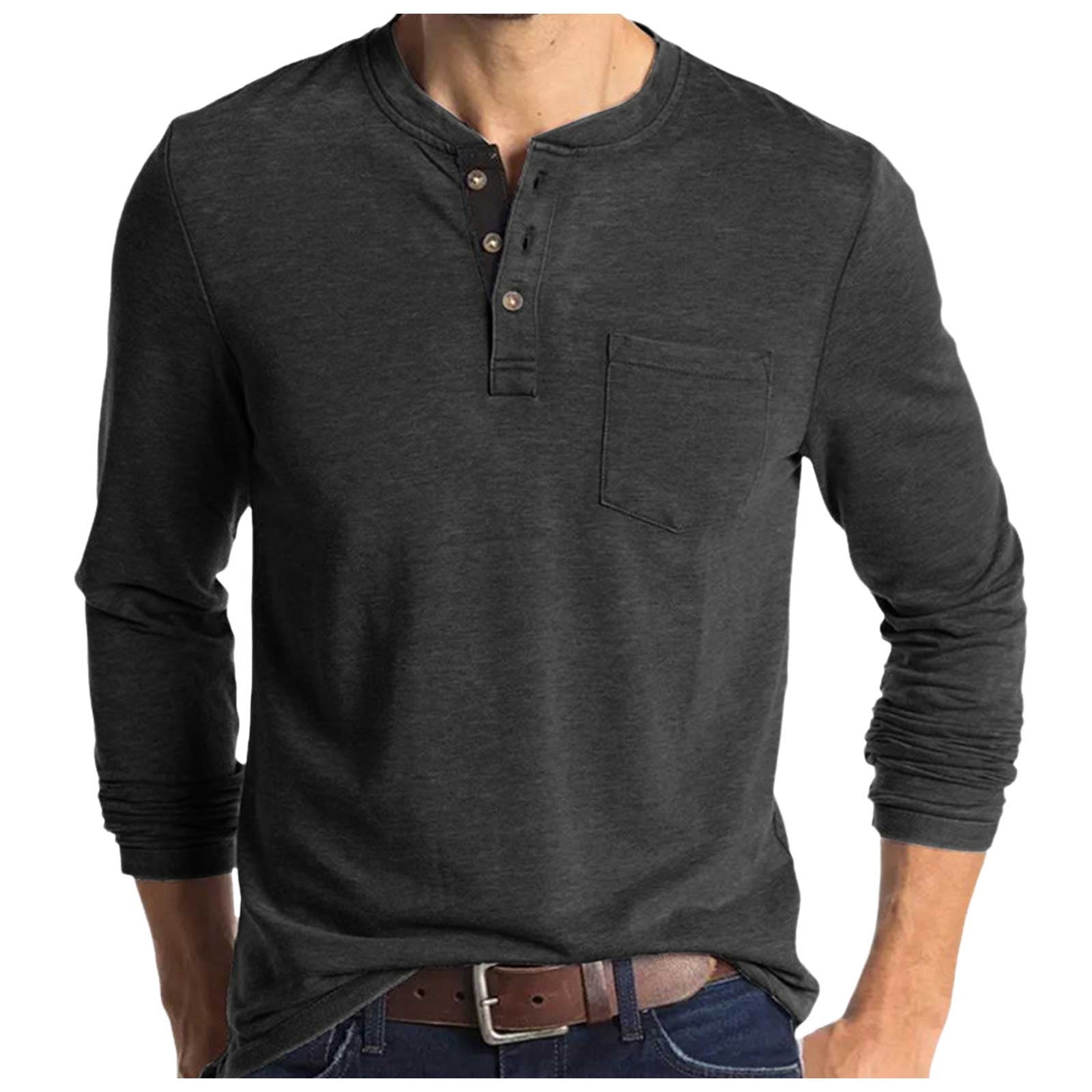 Mens T-Shirts Henley Shirts for Men Long Sleeve Pocket Buttons Neck ...