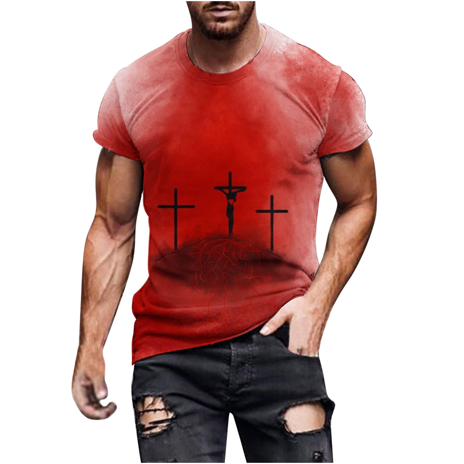 GUZYING Men's Plus Size T-Shirts, Trendy Casual Cross Print Crew Neck ...