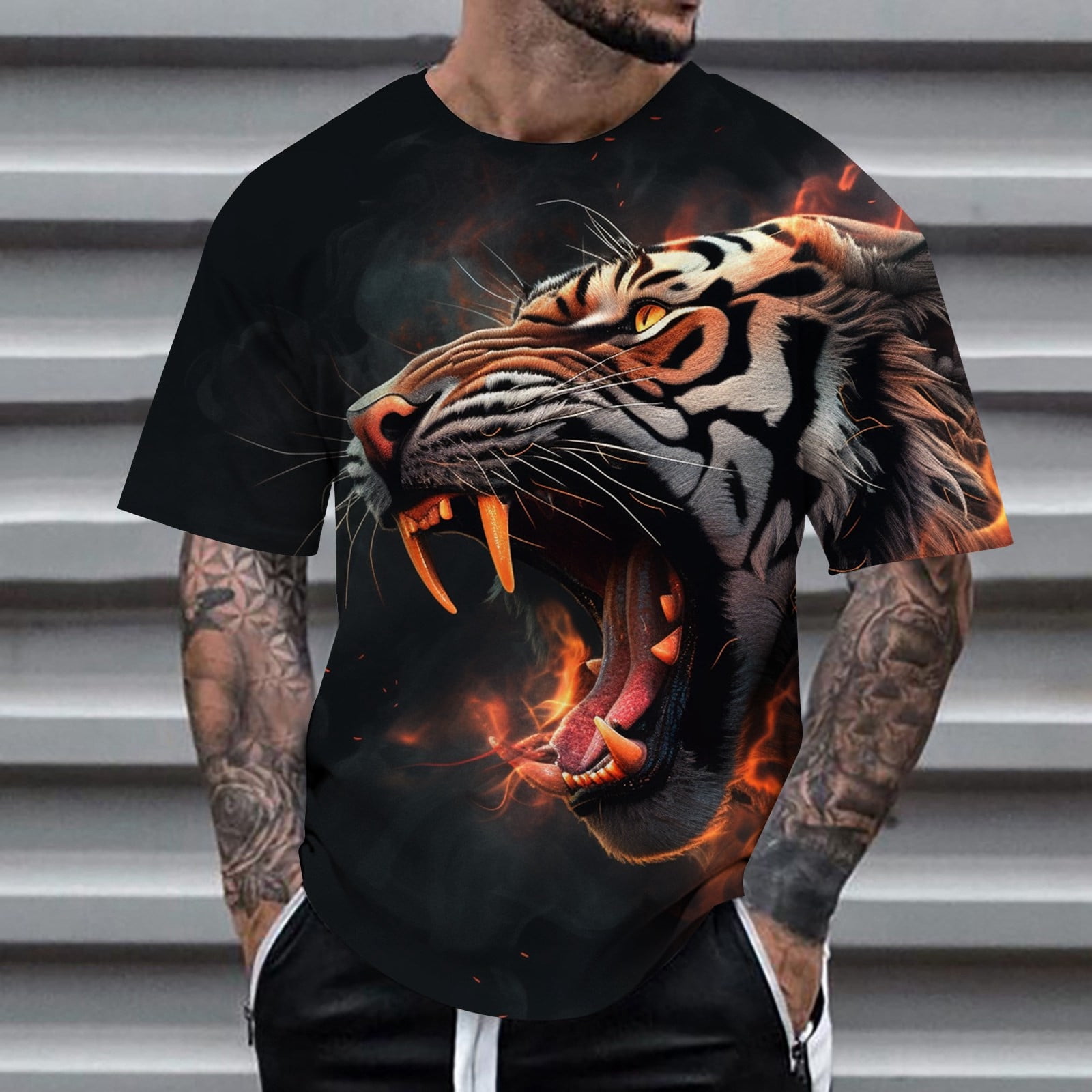 Mens T-Shirts Spring Summer Tiger Print Round Neck Short Sleeve ...