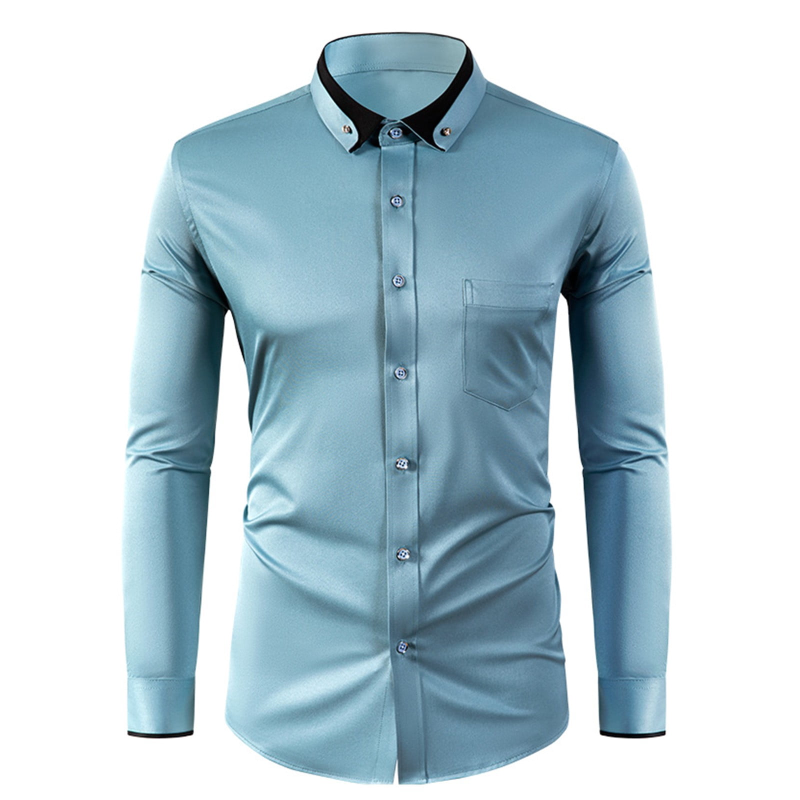 Mens T-shirts Male Color Blocked Button Lapel Shirt Slim Fit Business ...