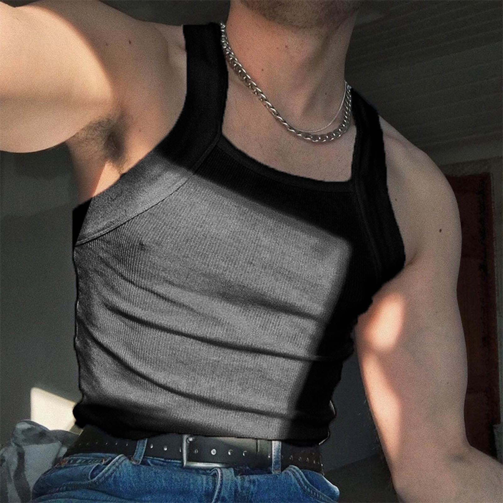 Mens Tank Top Male Camisole Sleeveless Vest Solid Color Off Shoulder Striped Nightclub Tops