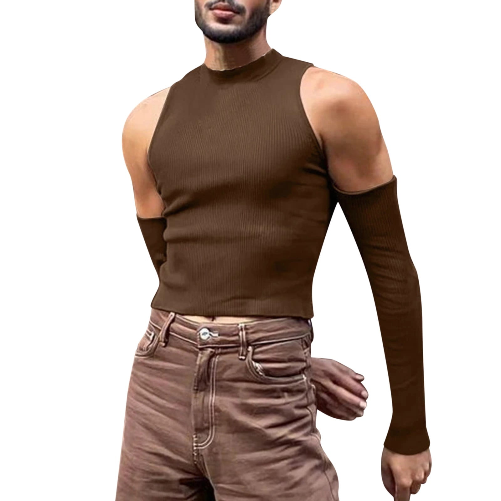 Mens Tank Top Shirts Off The Shoulder Vest Long Sleeve Solid Color ...