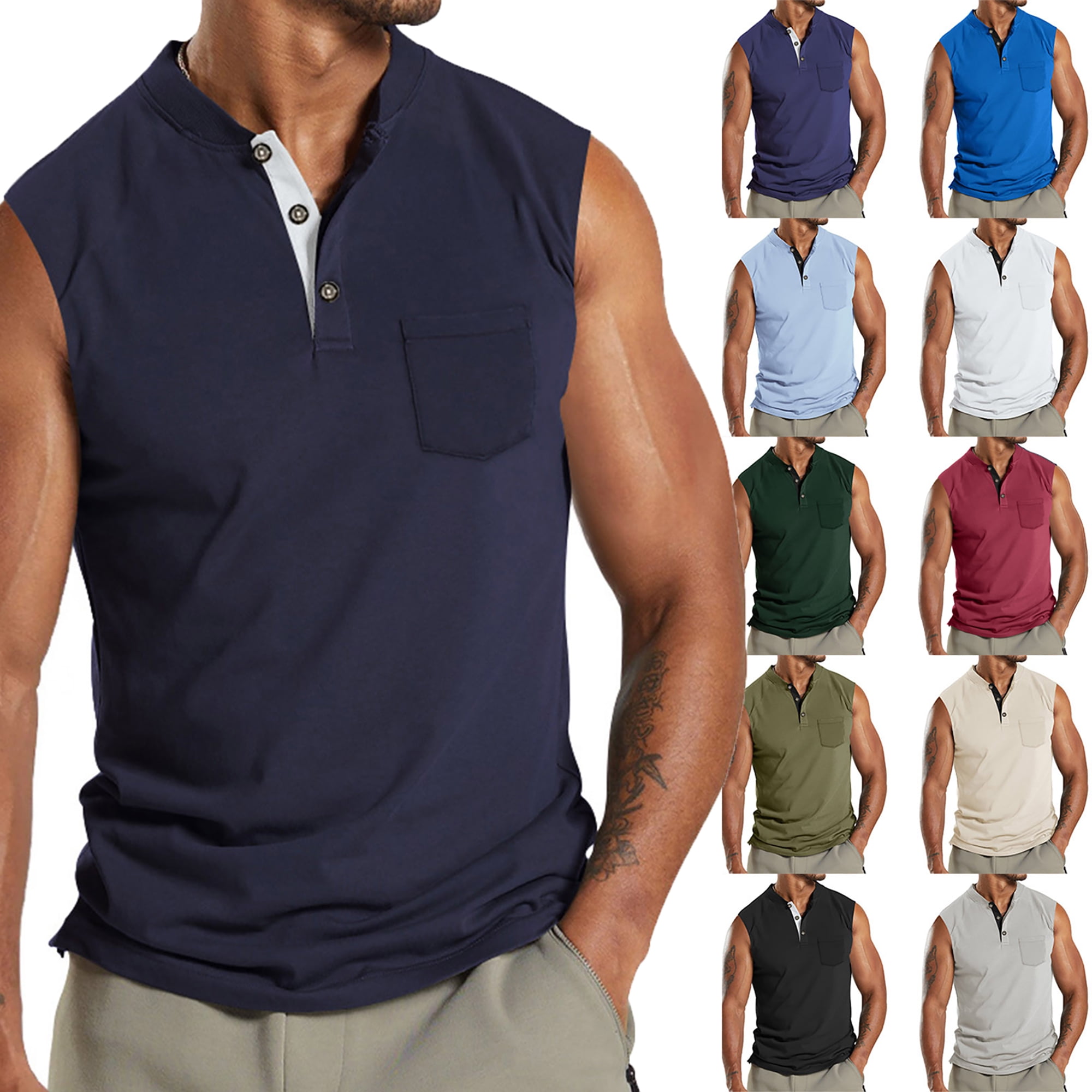 Mens Tank Tops Leisure Versatile Button Pocket Solid Color Thin Style ...