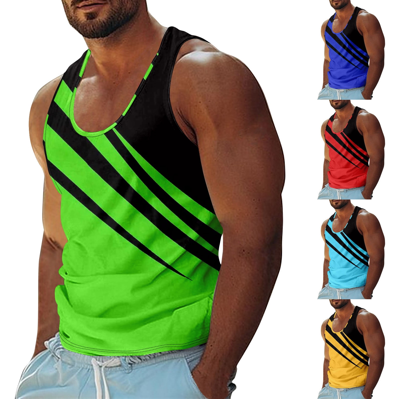 Mens Tank Tops Printed U Neck Sleeveless Shirts Slim Muscle Tee Summer ...
