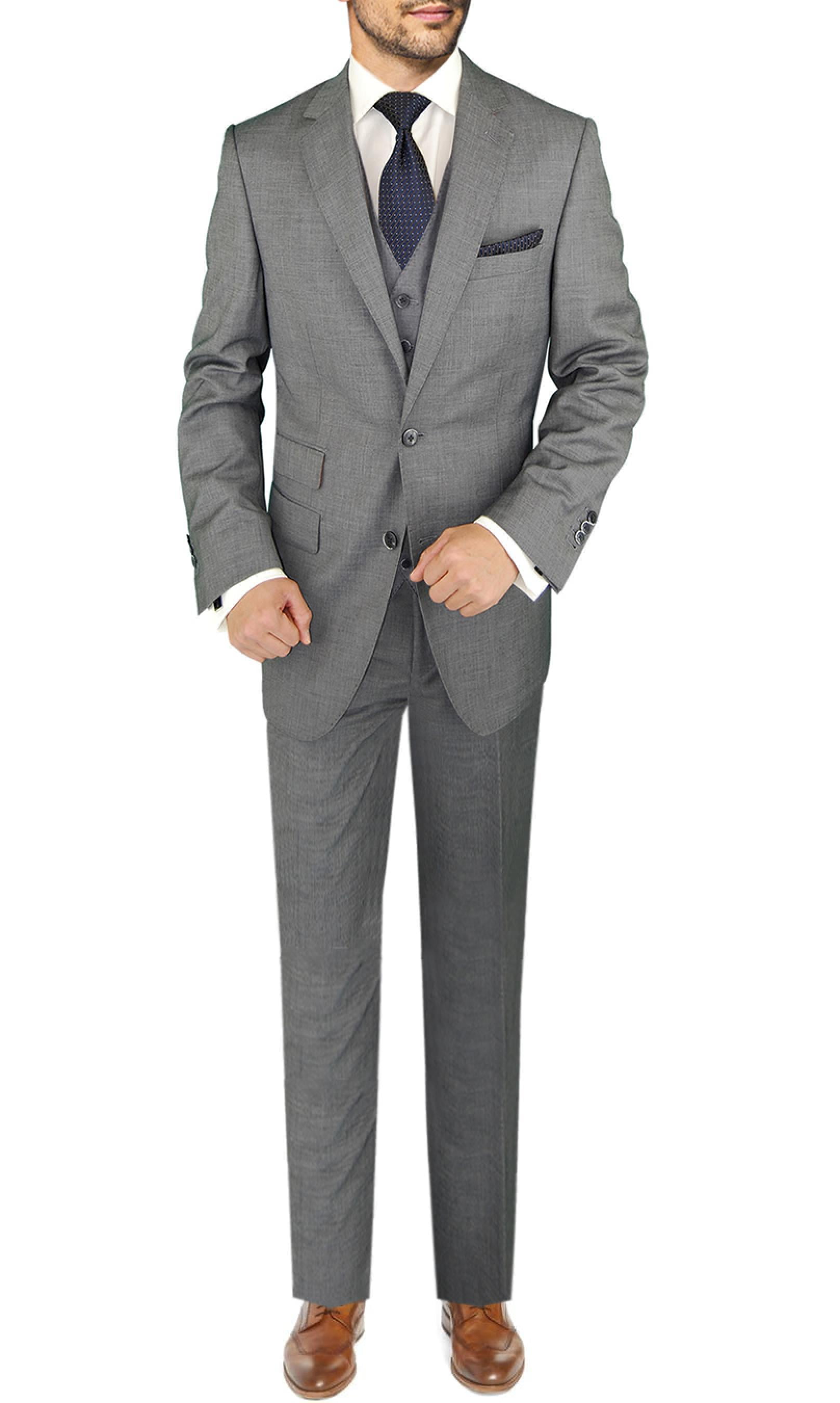 Mens Ticket Pocket 3-piece Gray Wool Trim Fit Vested Suit - Walmart.com