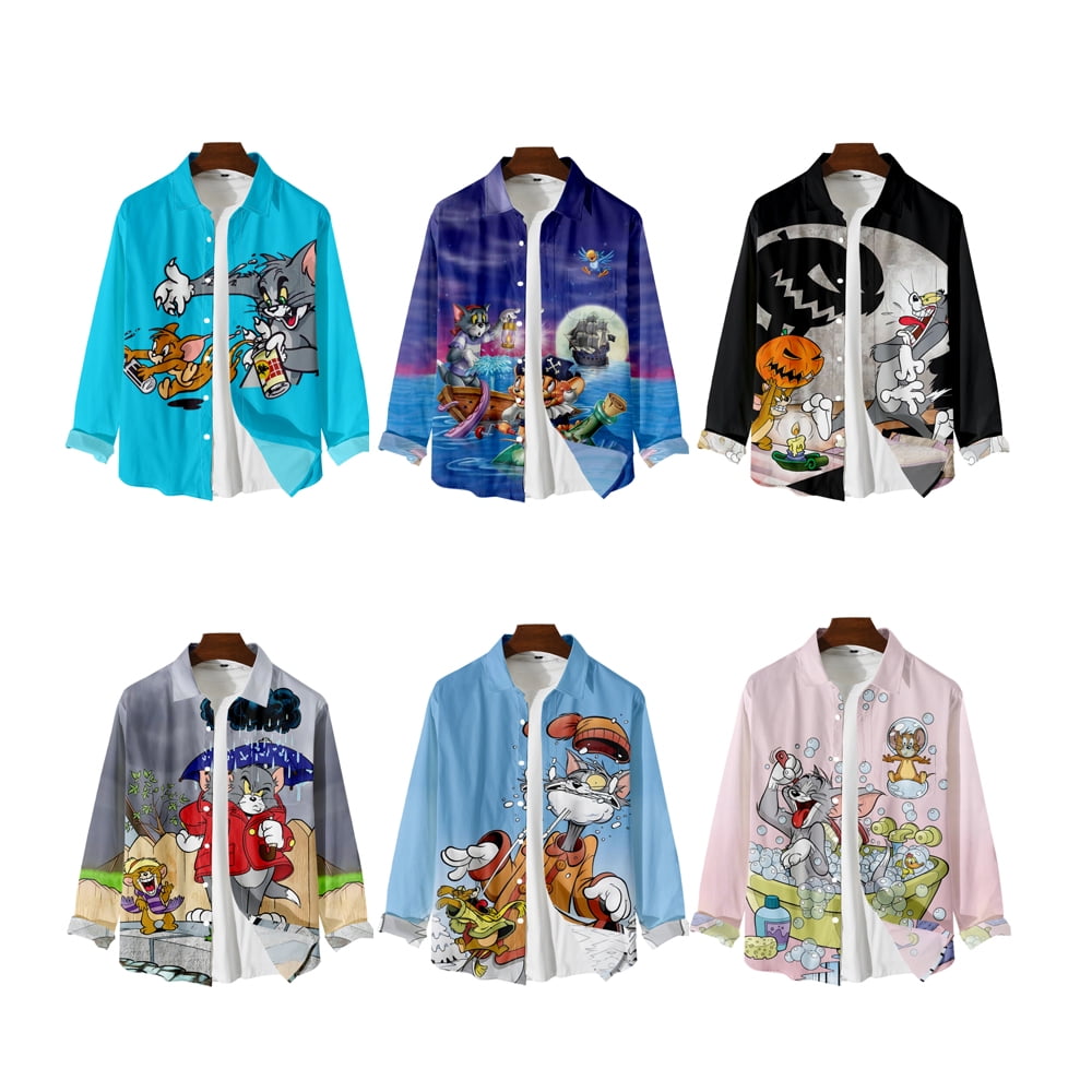 Mens Tom and Jerry Patterns Button Down Shirts Long Sleeve Office Slim ...