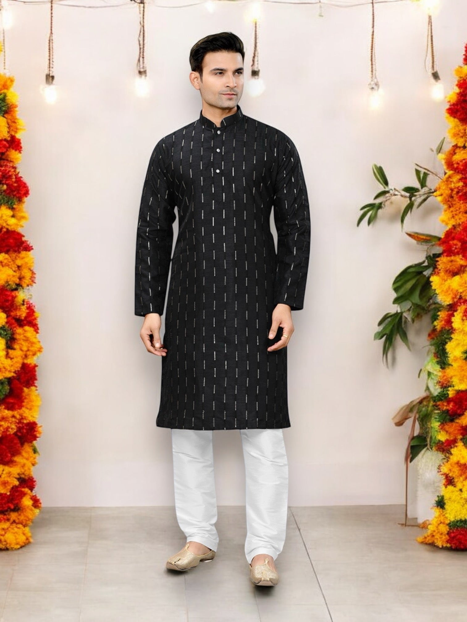 Mens Traditional Black Color Kurta Pajama Catalog 113002 - Walmart.com