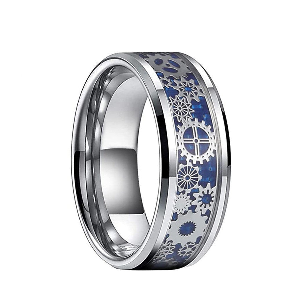 Men's Tungsten Ring with Blue Carbon Fiber Inlay and Gear Design ...