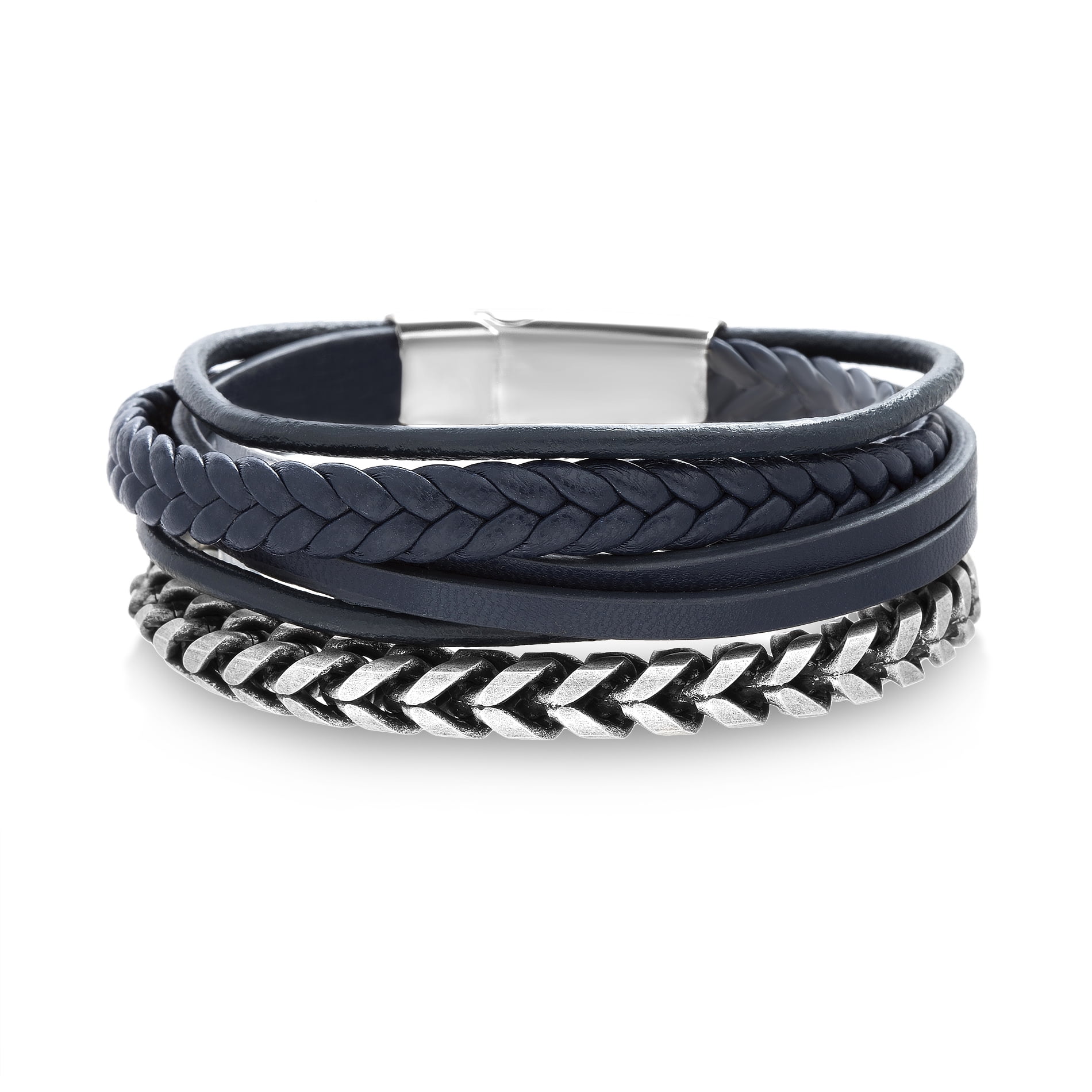 Mens Two Tone Curb Chain and Braided Leather Duo Bracelet Set - Walmart.com