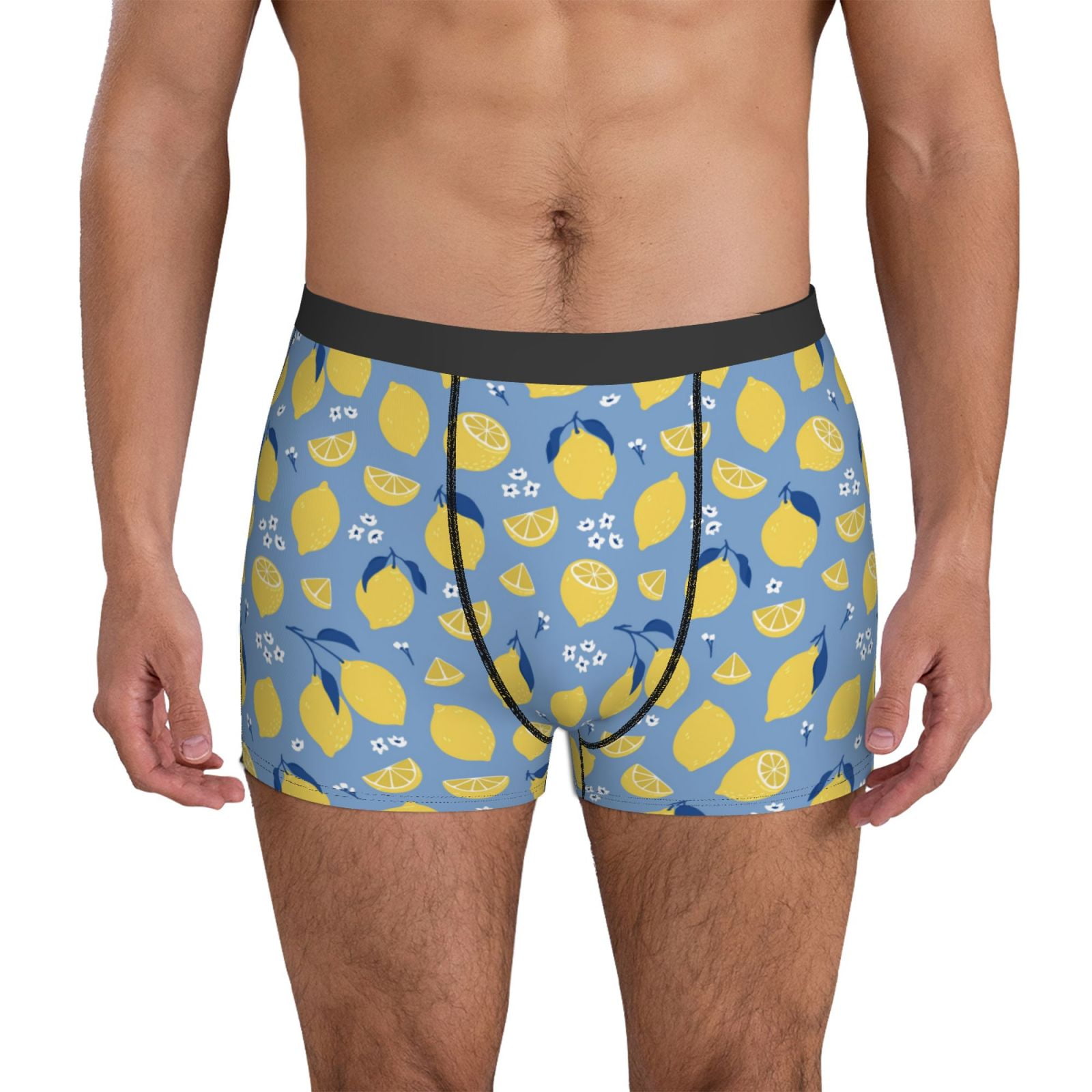 Mens Underwear Boxer Briefs - Cute Lemon Blue Leaves Flowers Breathable Soft Mens Boxer Briefs ...