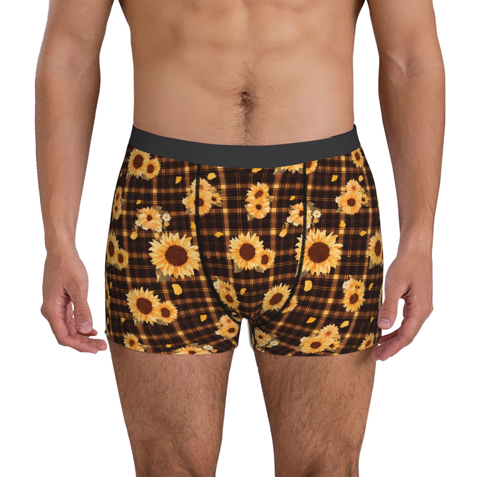 Mens Underwear, Brown Plaid Sunflower Sexy Mens Underwear Boxer Briefs ...