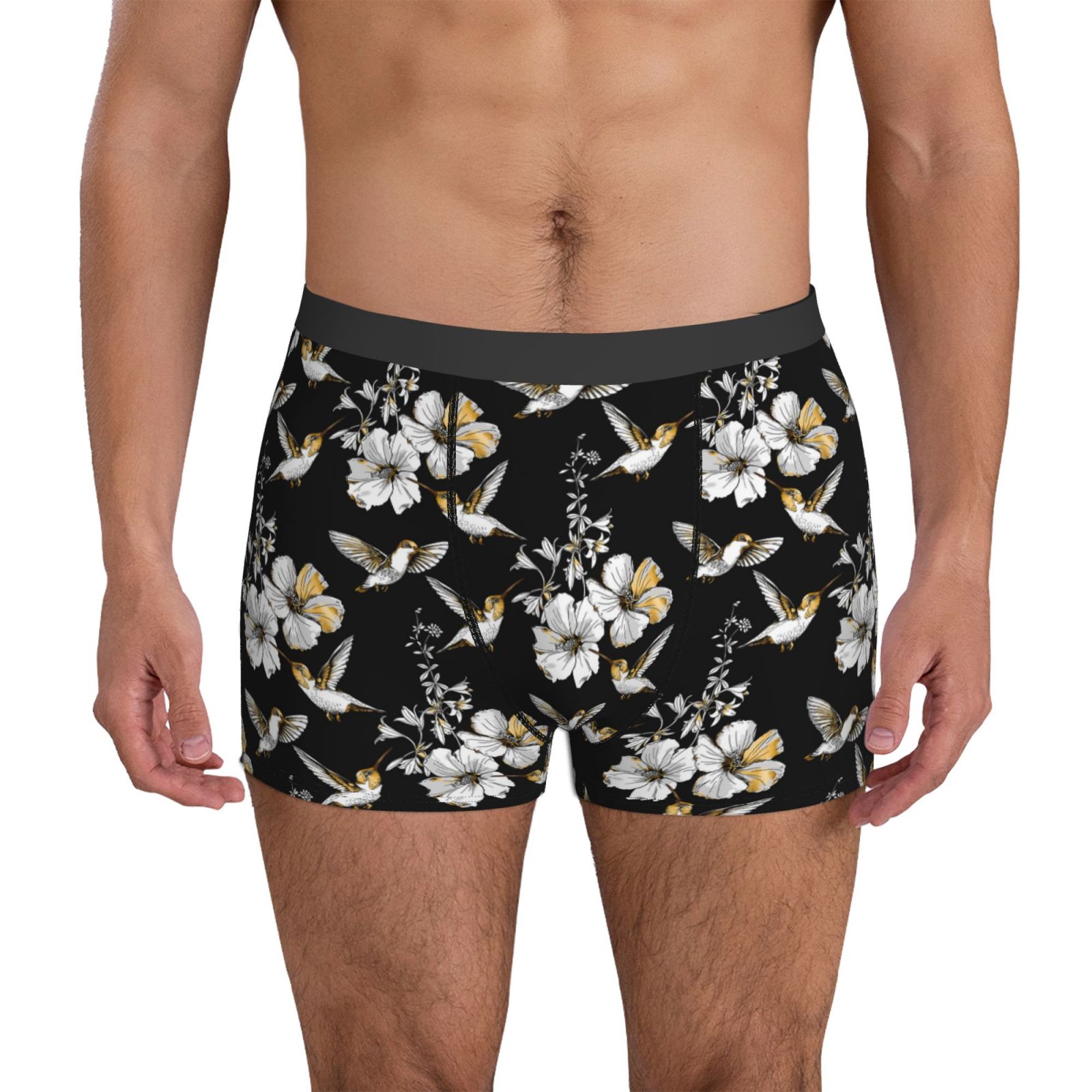 Mens Underwear - White Flowers Hummingbirds Breathable Stretch Boxers ...