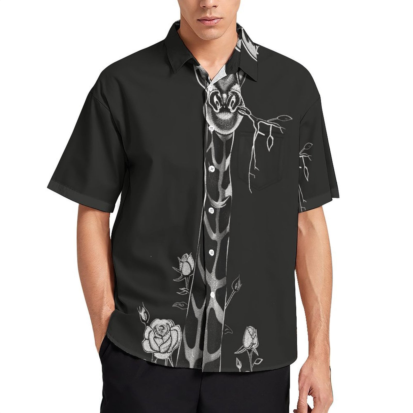Mens Unique Pattern Black And White Ink Flower Button Up Shirts ...