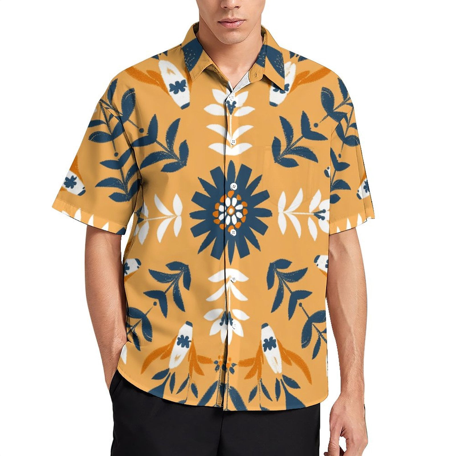 Mens Unique Pattern Black And White Ink Flower Button Up Shirts ...