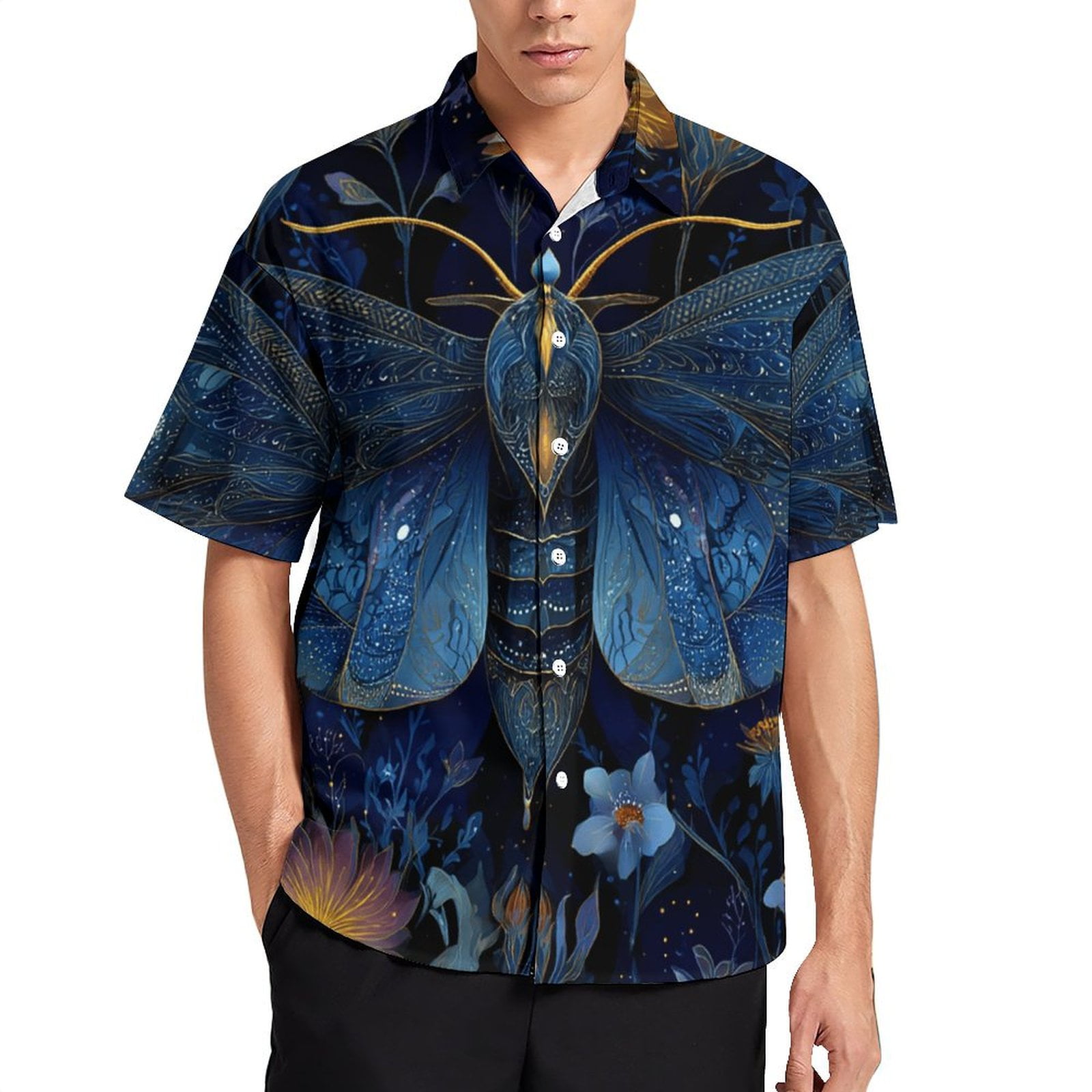 Mens Unique Pattern Celestial Moth Night Garden Blooms Magic Button Up ...