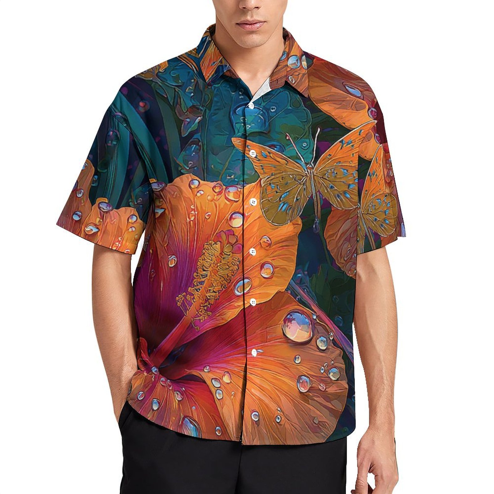 Mens Unique Pattern Dewy Hibiscus Butterflies Vibrant Flowers Button Up ...