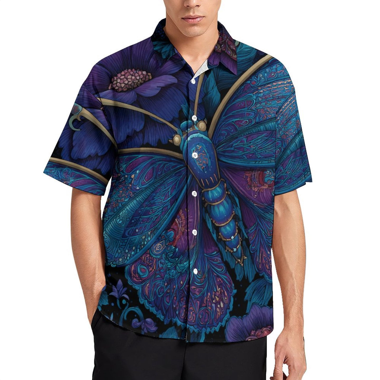 Mens Unique Pattern Night Moth Floral Ornate Midnight Design Button Up ...
