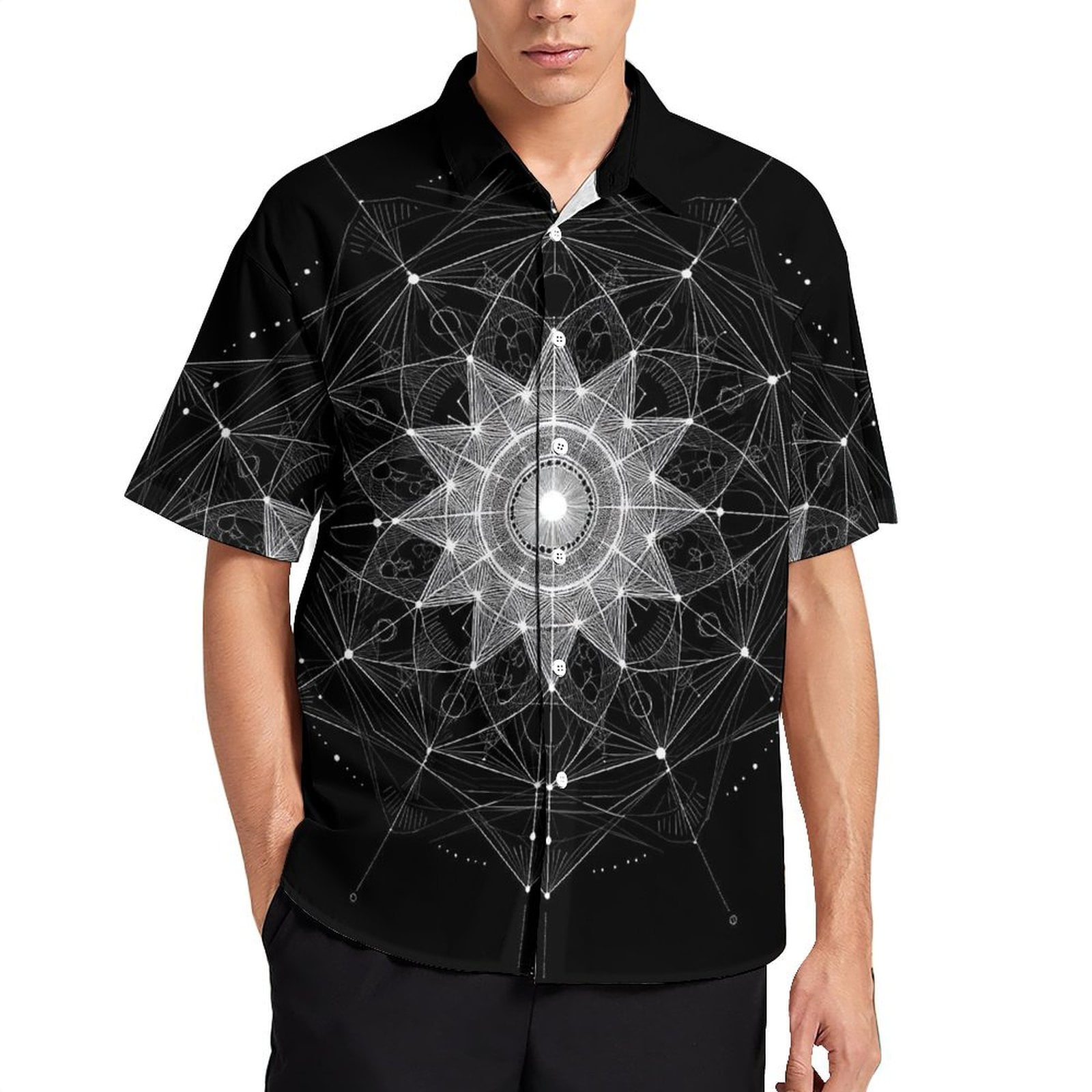 Mens Unique Pattern Sacred Geometry White Mandala Art Button Up Shirts ...
