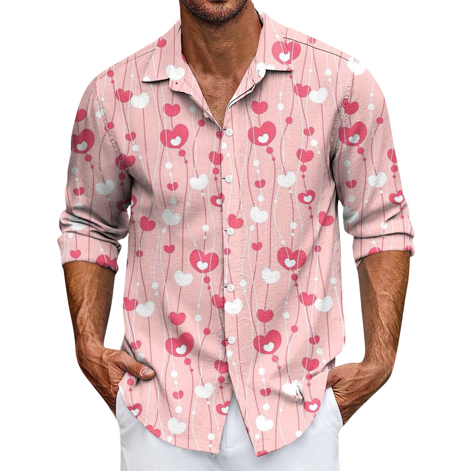 Mens Valentine's Day Shirts Button Up Long Sleeve Shirts Pink Heart ...