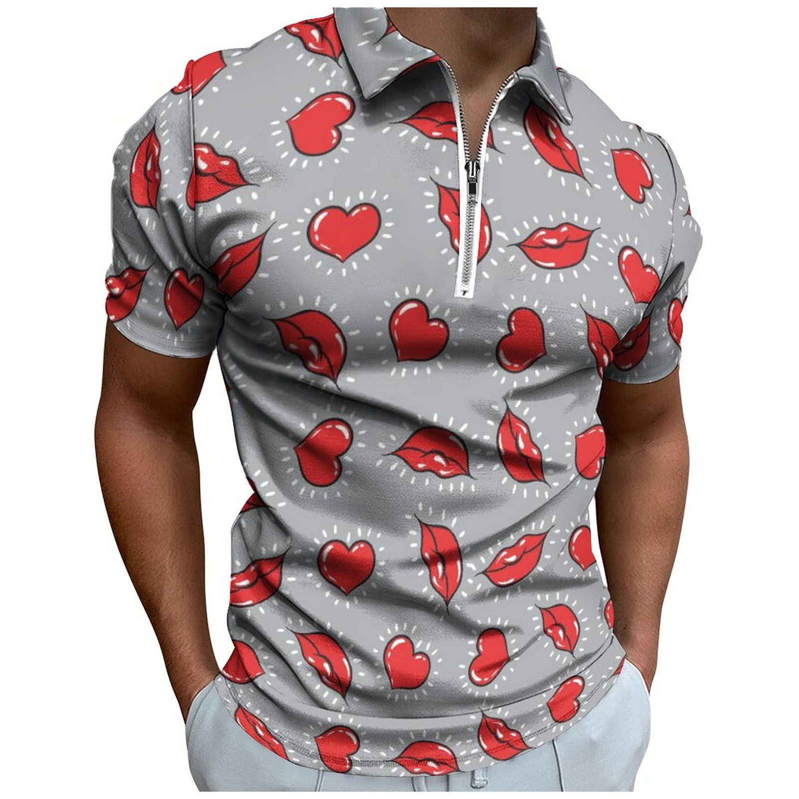Mens Valentines Day 3D Digital Heart Shaped Print Lapel Zipper Short ...
