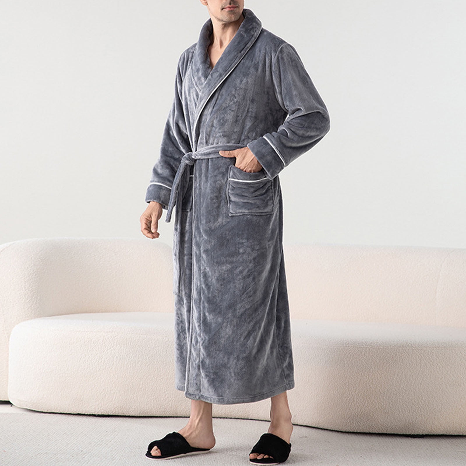 Mens Velvet Fleece Nightgown Long Bathrobe Comfort Casual Plush Soft ...