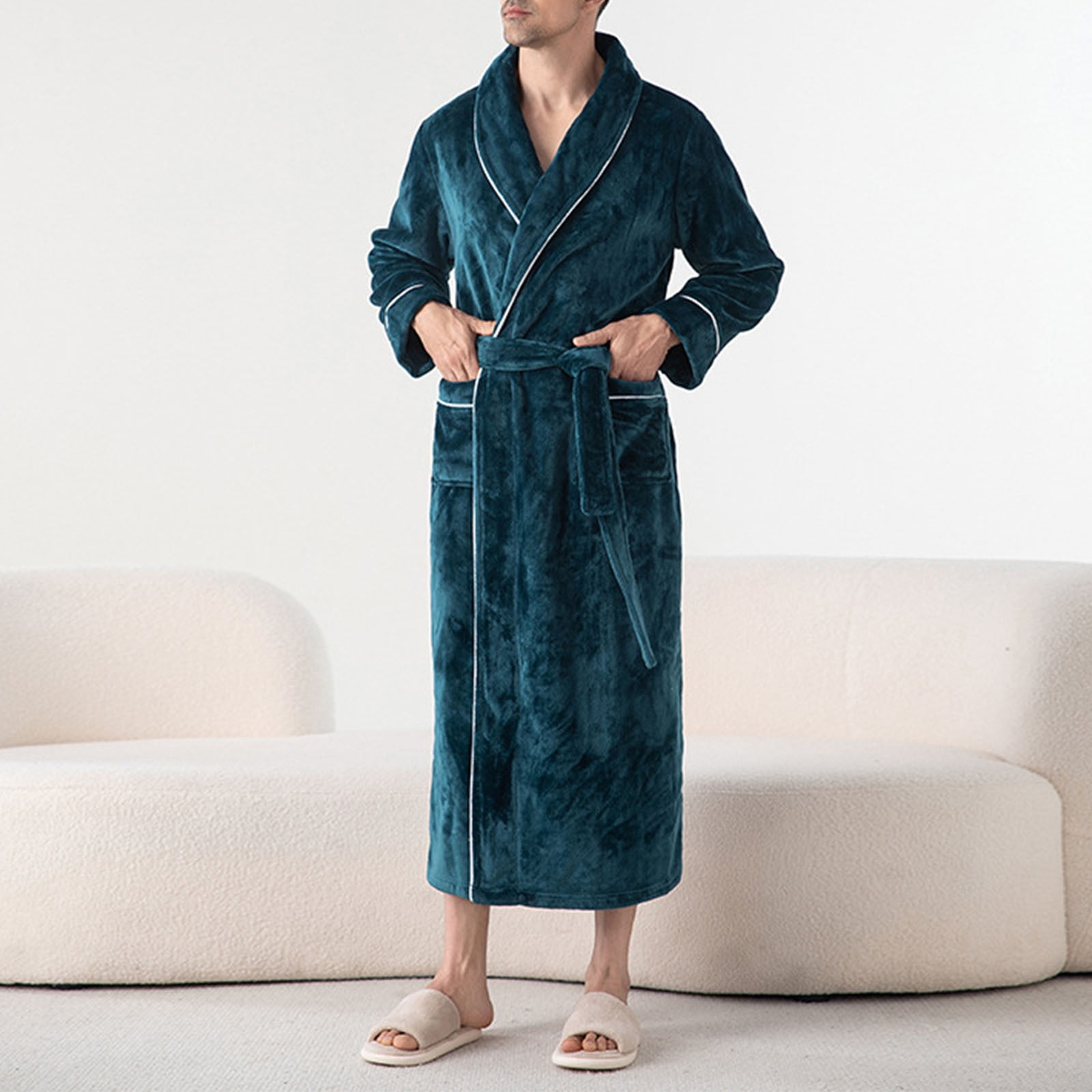 Mens Velvet Fleece Nightgown Long Bathrobe Comfort Casual Plush Soft ...