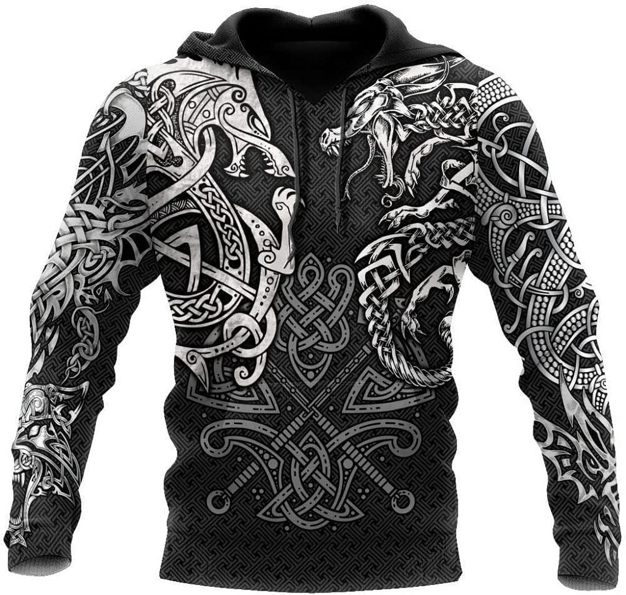 Mens Viking Dragon Ax Satan Hoodie Norse Mythology 3D Print Odin Celtic Knot Chain Wrap Tattoo ...